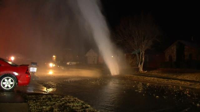 Geyser Caused By Broken Water Line Damages Tulsa Home