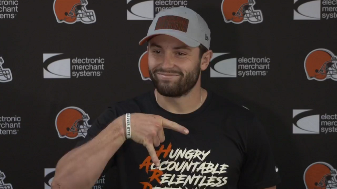 Baker Mayfield Throws 'Horns Down' At Cleveland Browns Press Conference